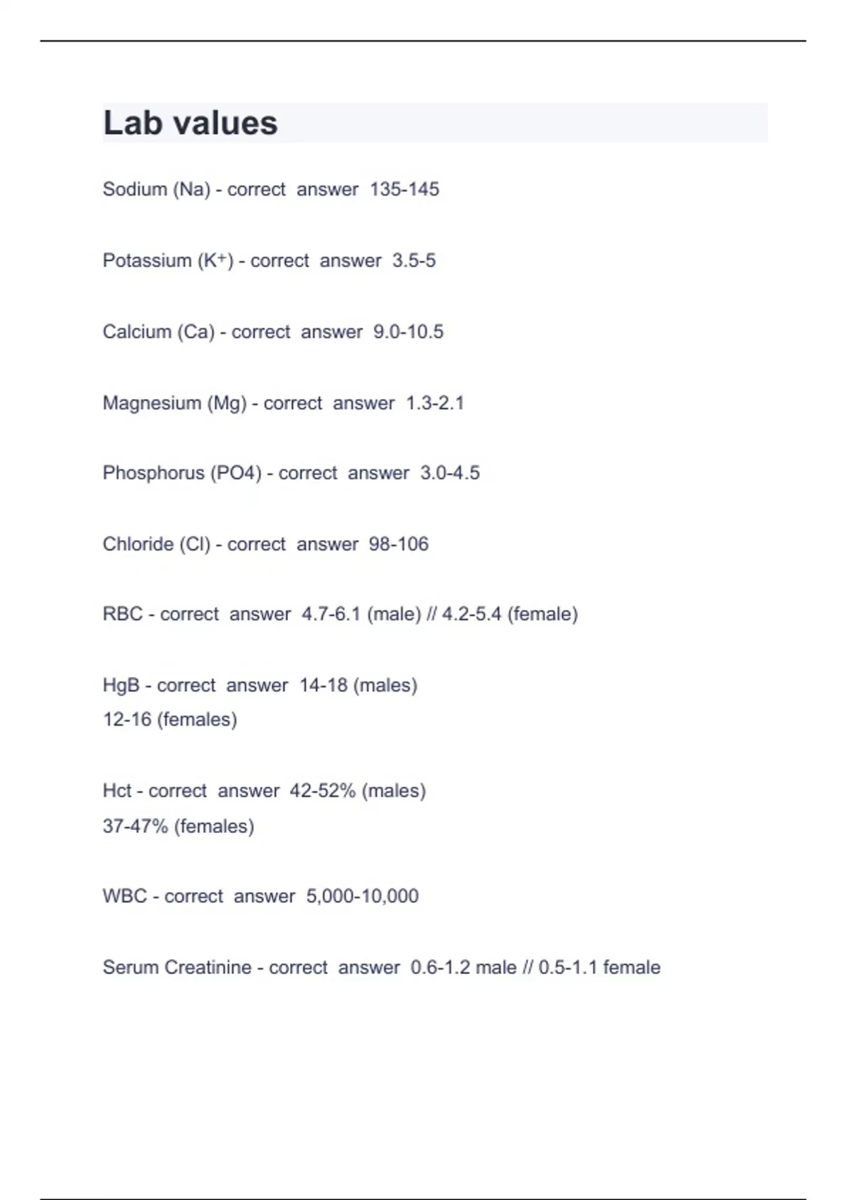 Lab values Lab Values Galen College Of Nursing -Question and answers ...