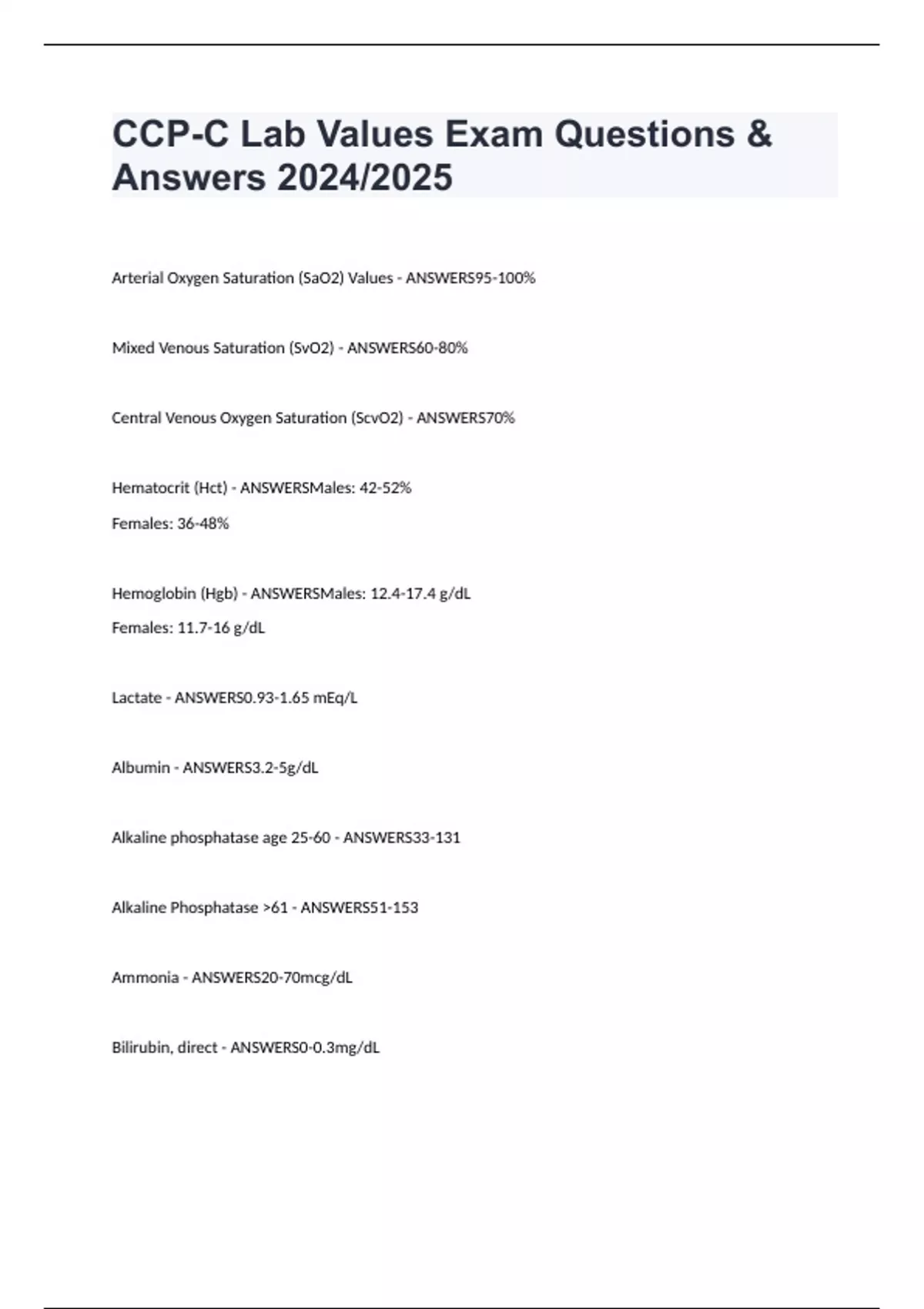 CCP-C Lab Values Exam Questions & Answers 2024/2025 - CCP-C Lab Values ...