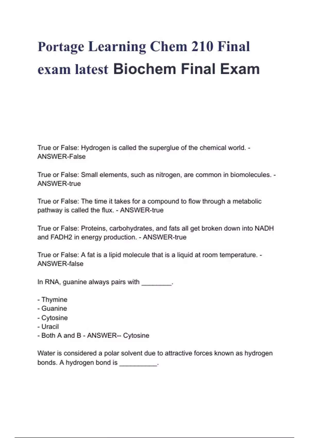 Portage Learning Chem 210 Final exam latest Biochem Final Exam ...