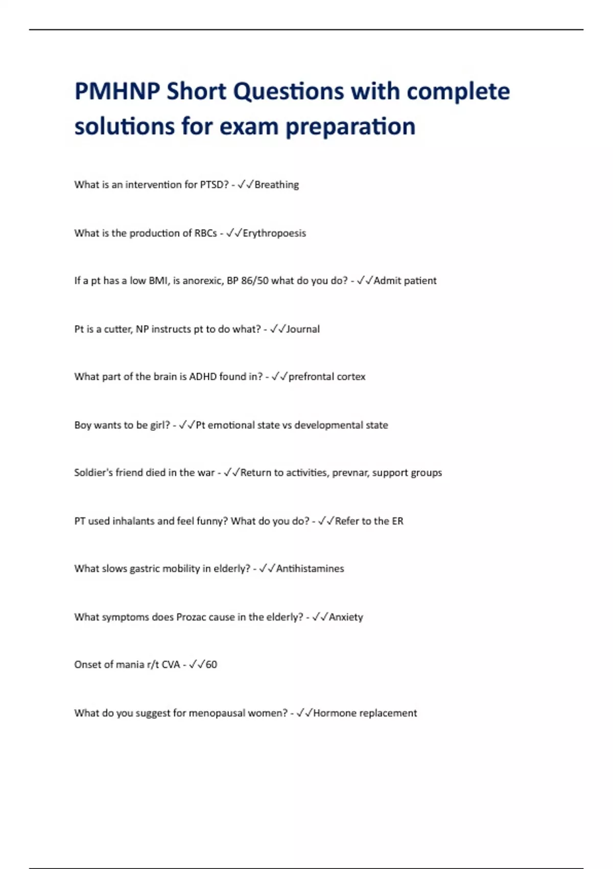 PMHNP Short Questions with complete solutions for exam preparation ...