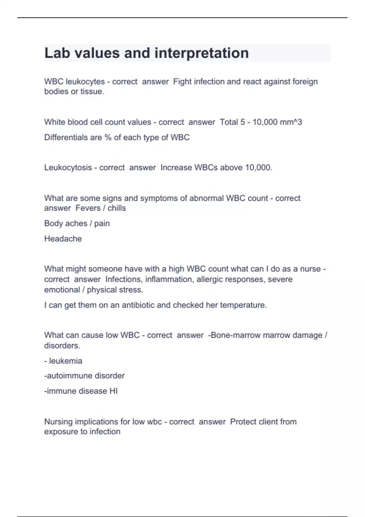 Lab values and interpretation Lab Values Galen College Of Nursing - Questions with complete ...