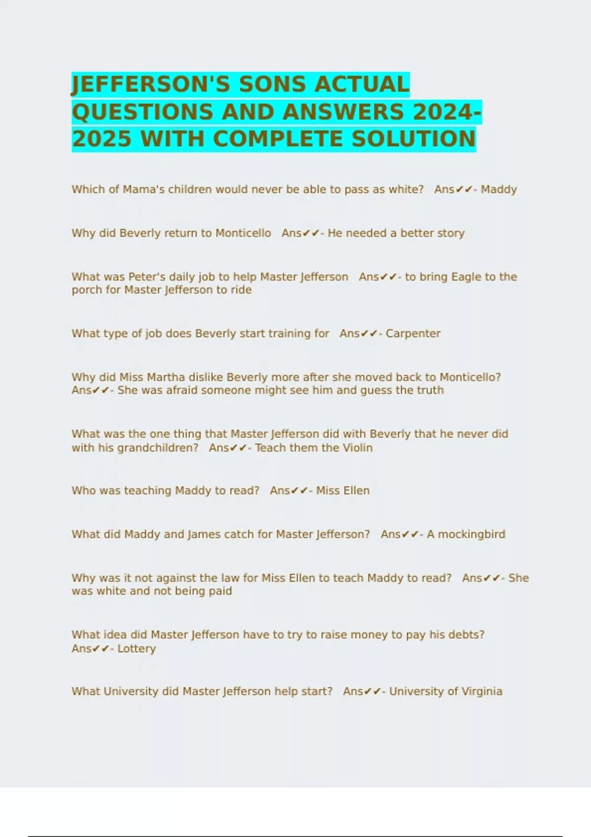 JEFFERSON'S SONS ACTUAL QUESTIONS AND ANSWERS WITH COMPLETE SOLUTION ...