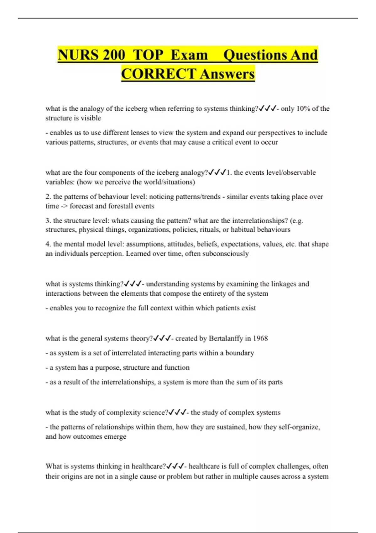 NUR 200 Bundled Exam Questions WITH CORRECT Answers - Stuvia US