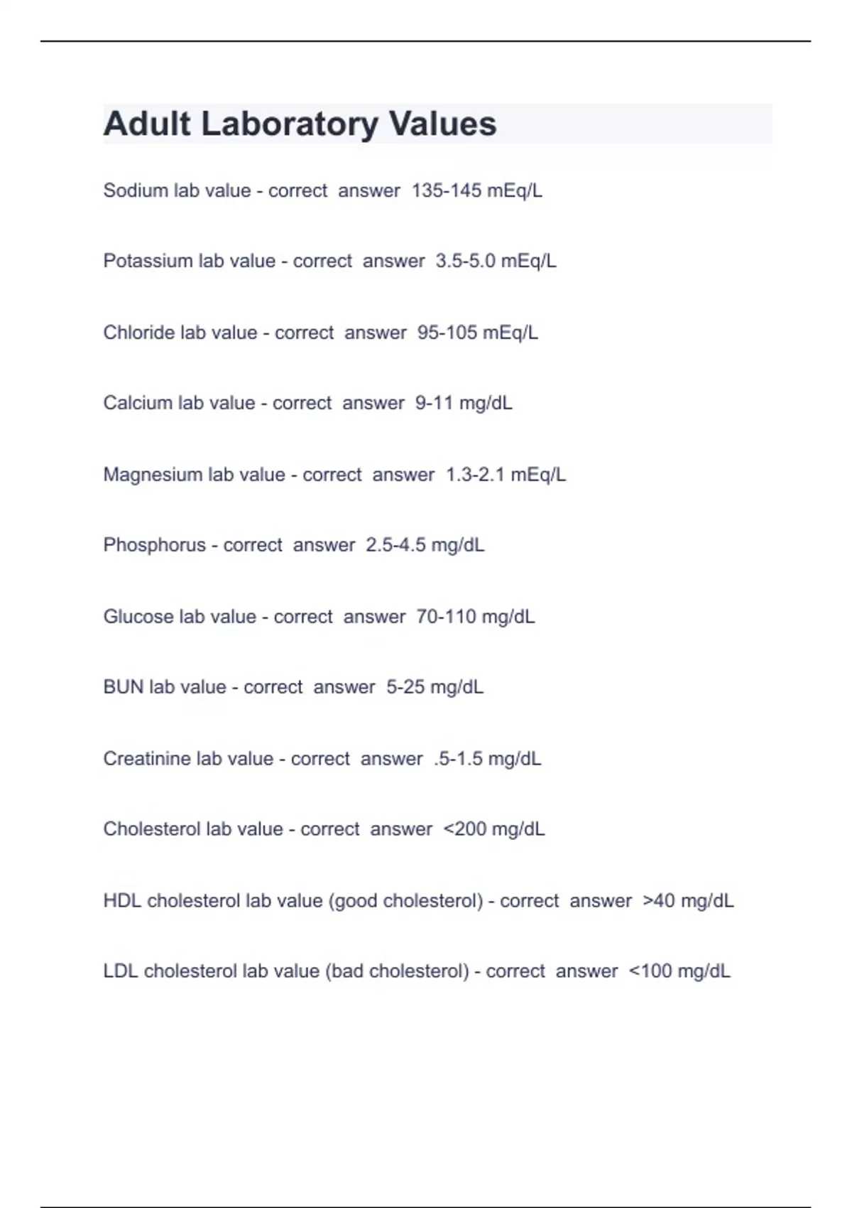 Adult Laboratory Values Lab Values Galen College Of Nursing - Question ...