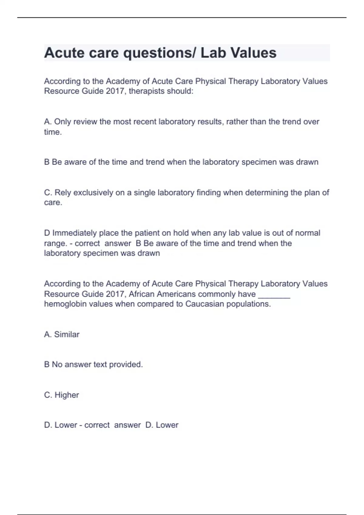 Acute care questions Lab Values Galen College Of Nursing - Question and ...