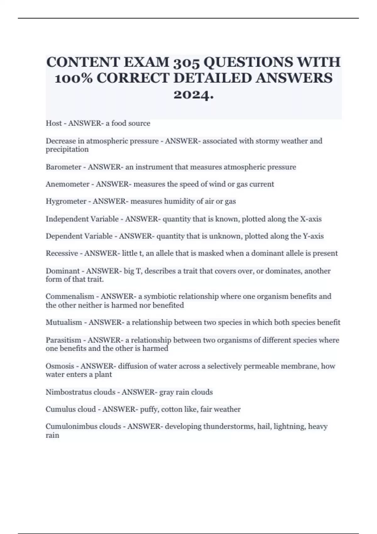 CONTENT EXAM 305 QUESTIONS WITH 100% CORRECT DETAILED ANSWERS 2024 ...