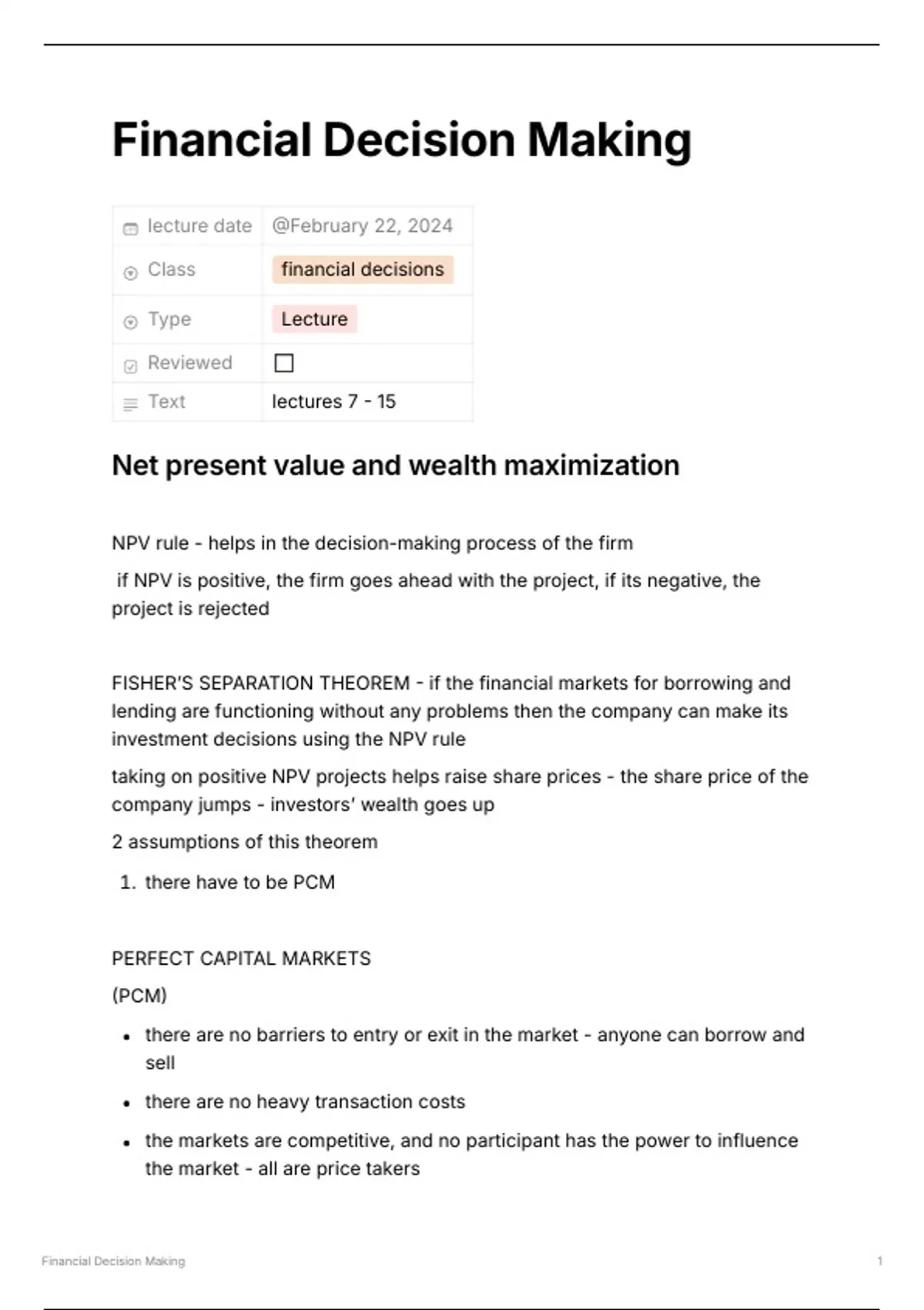 Financial Decision making module notes - lectures 7 - 15 - Financial ...