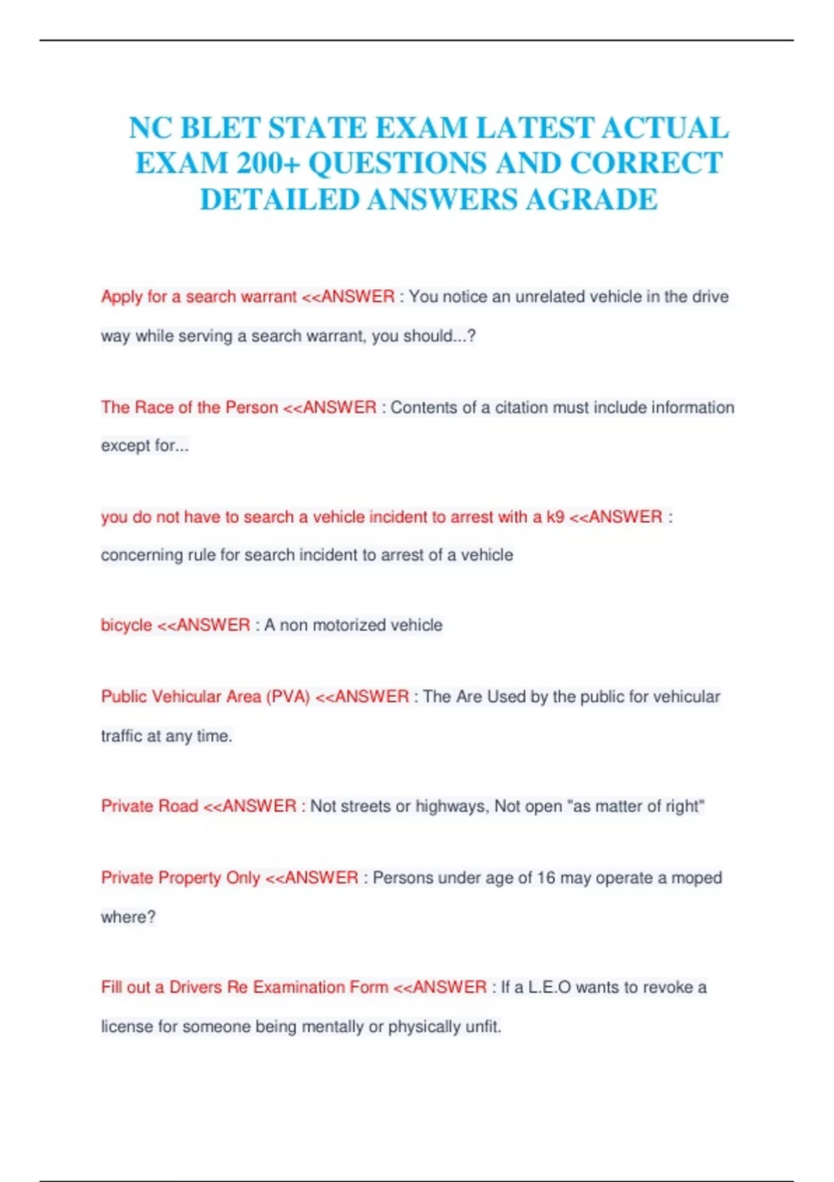 NC BLET STATE EXAM LATEST ACTUAL EXAM 200+ QUESTIONS AND CORRECT ...