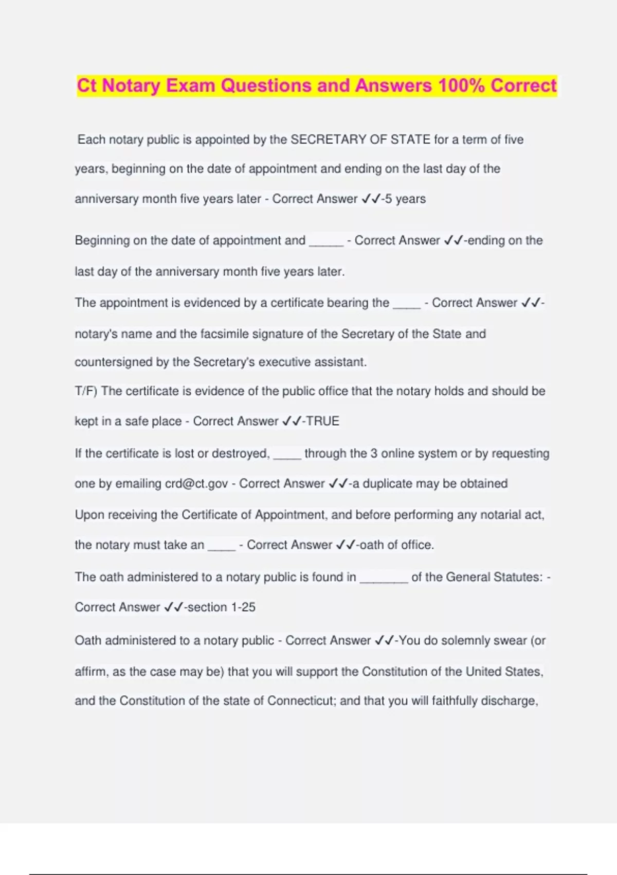 Ct Notary Exam Questions and Answers 100% Correct - Ct Notary - Stuvia US