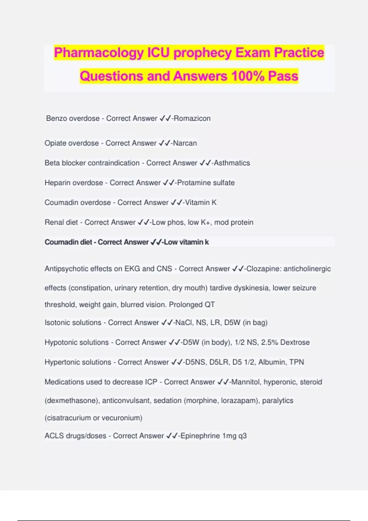 Pharmacology ICU prophecy Exam Practice Questions and Answers 100% Pass ...