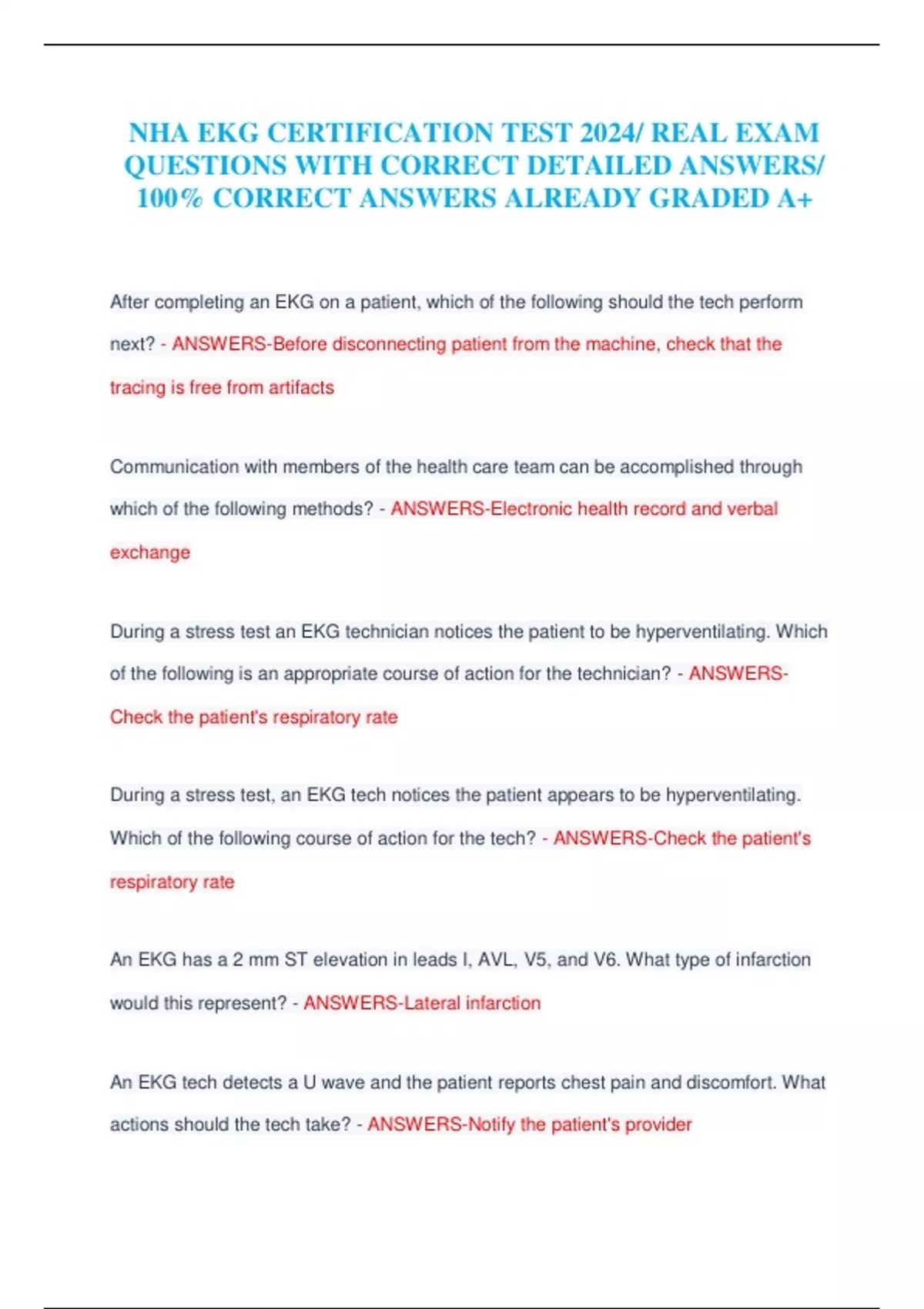 NHA EKG CERTIFICATION TEST 2024/ REAL EXAM QUESTIONS WITH CORRECT ...