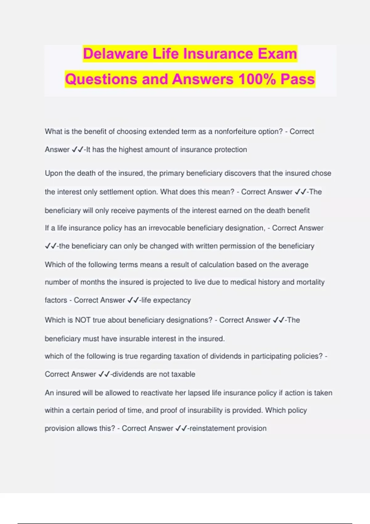 Delaware Life Insurance Exam Questions and Answers 100% Pass - Delaware ...