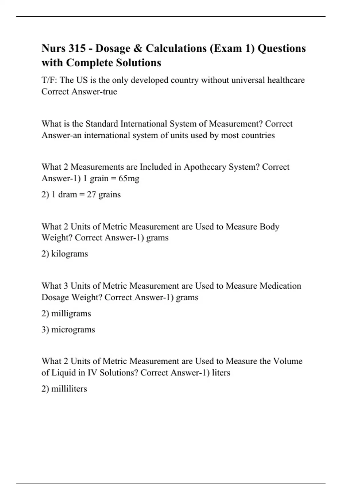Nurs 315 - Dosage & Calculations (Exam 1) Questions with Complete ...
