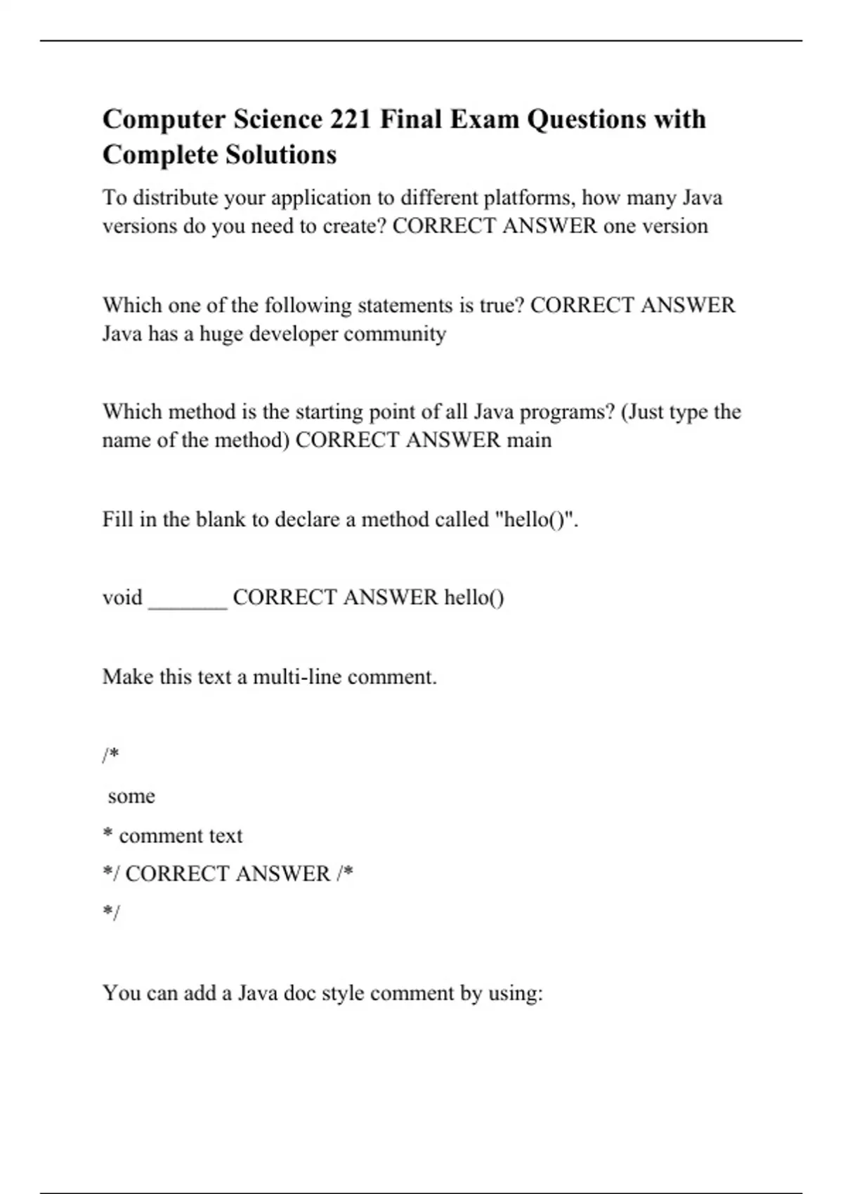 Computer Science 221 Final Exam Questions with Complete Solutions - RN ...