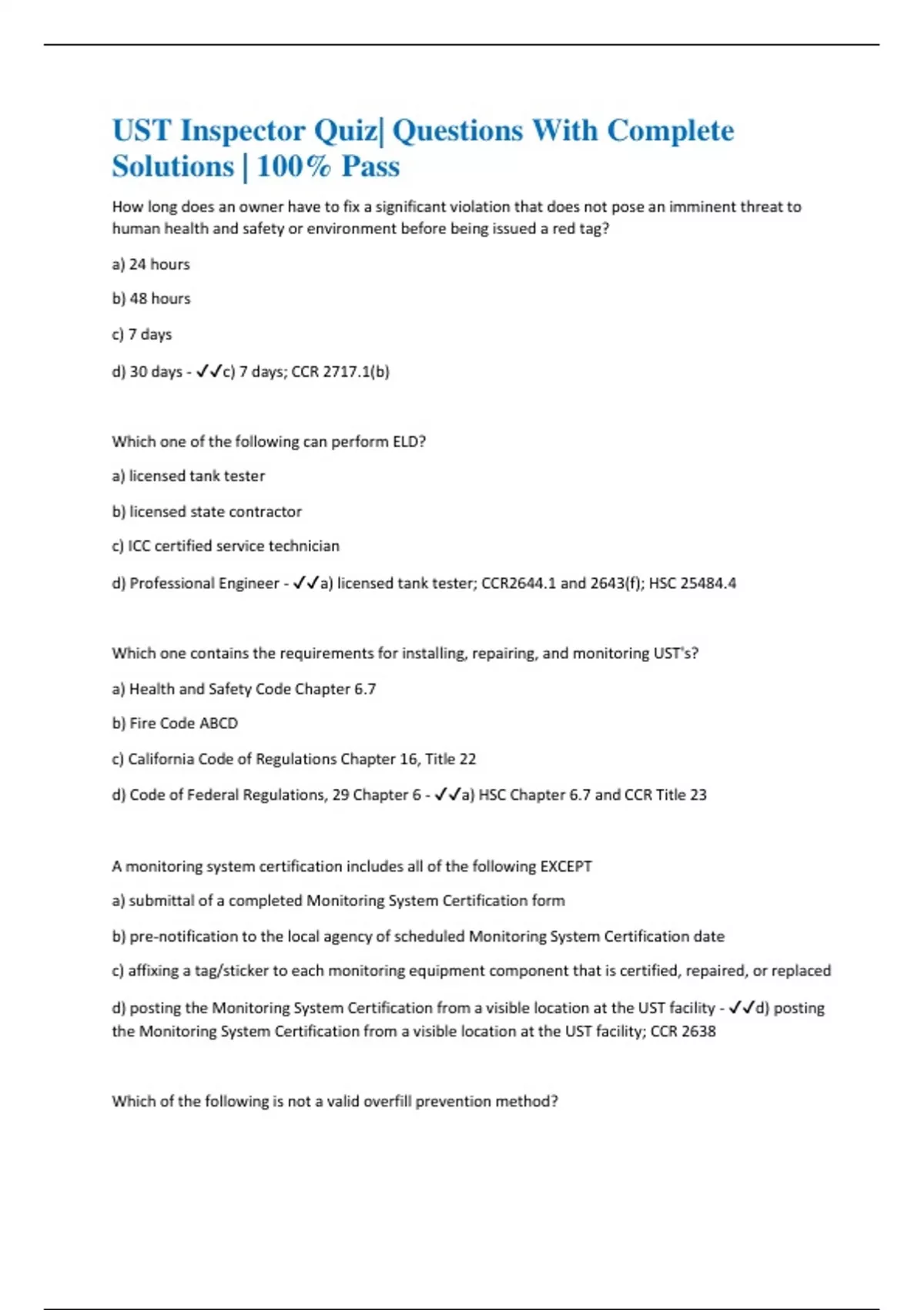 UST Inspector Quiz| Questions With Complete Solutions | 100% Pass - UST ...