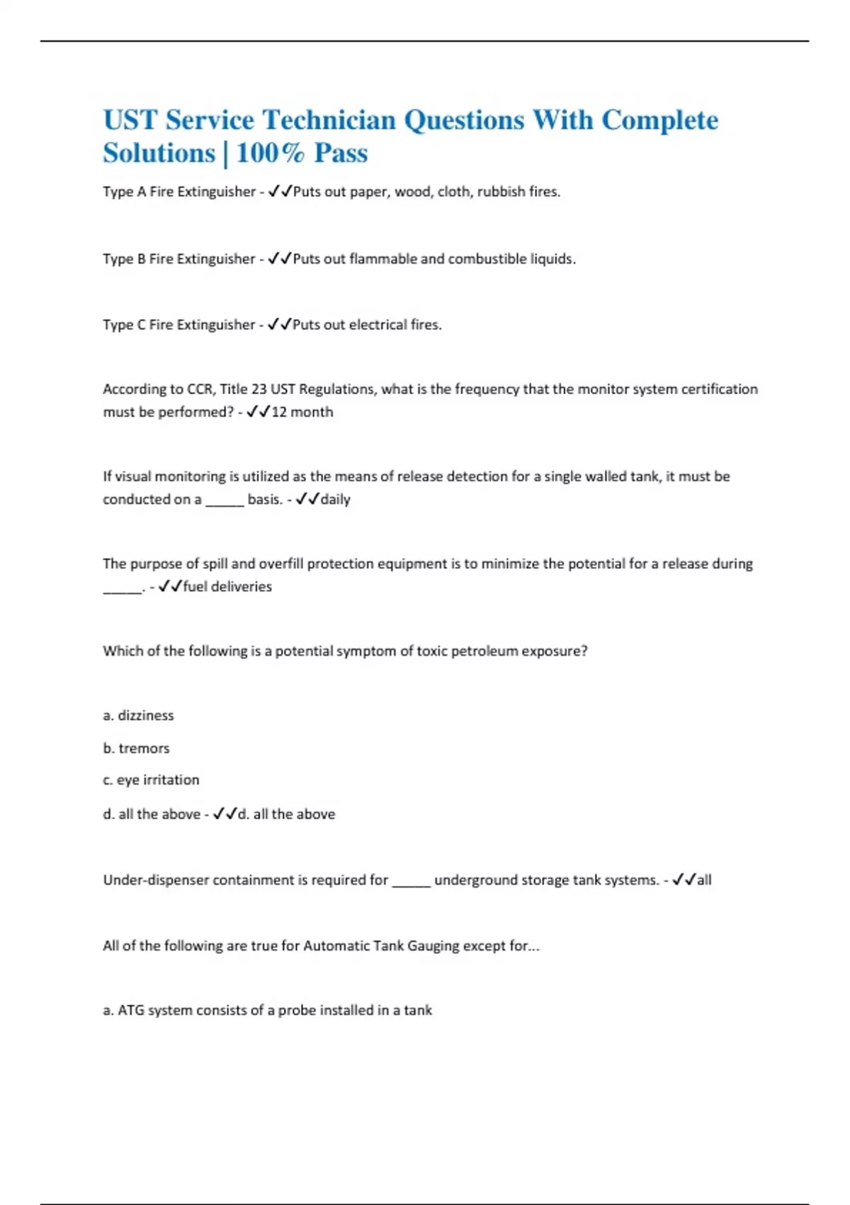 UST Service Technician Questions With Complete Solutions | 100% Pass - Ust service technician ...