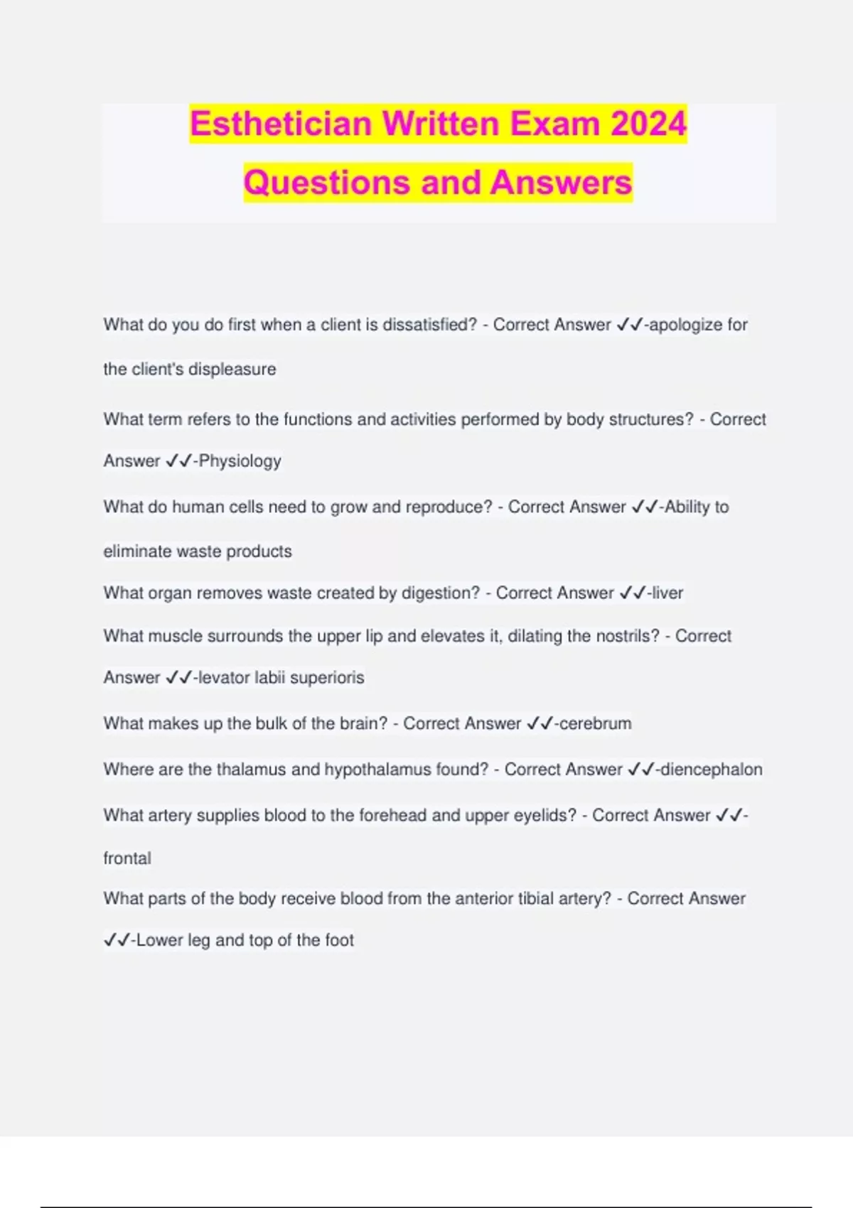 Esthetician Written Exam 2024 Questions and Answers - Esthetics State ...