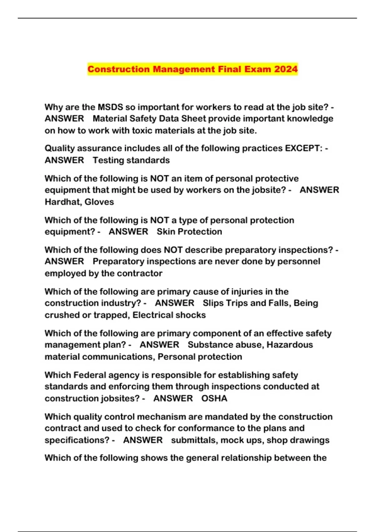 Construction Management Final Exam 2024 - Construction Management ...