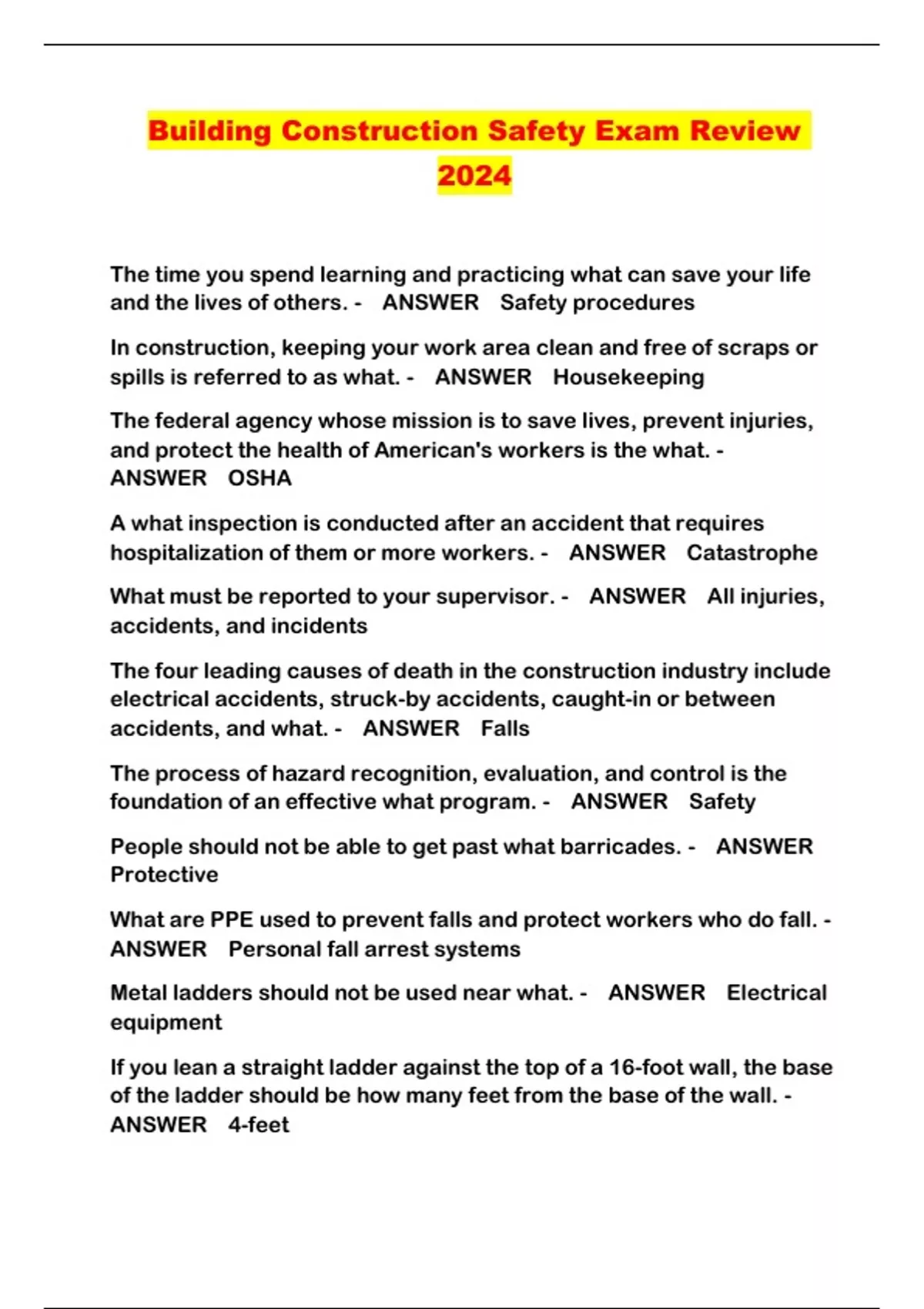 Building Construction Safety Exam Review 2024 - Building Construction ...