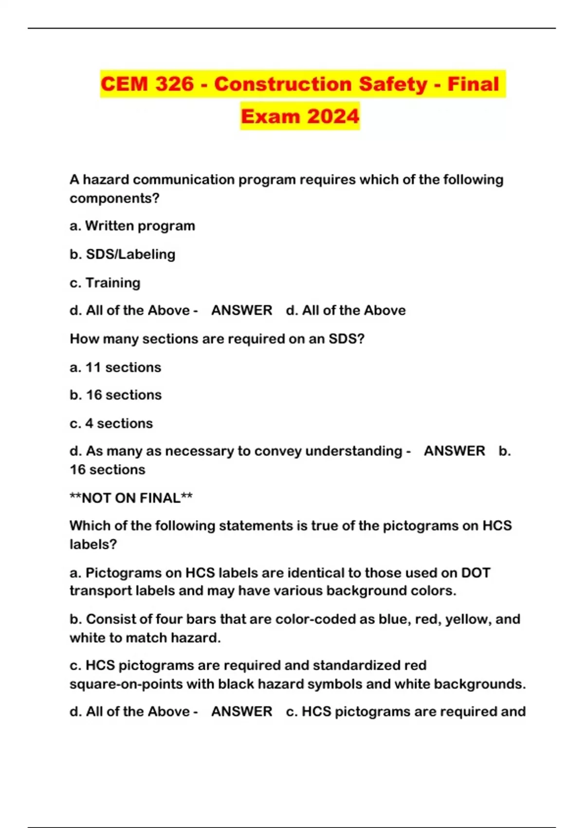 CEM 326 - Construction Safety - Final Exam 2024 - CEM 326 ...
