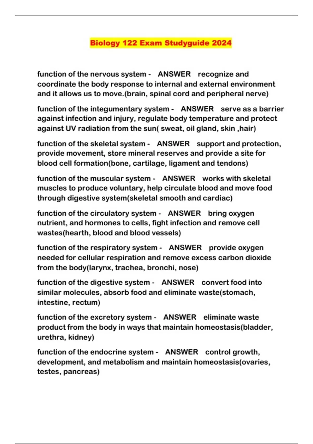 Biology 122 Exam Studyguide 2024 - Biology 122 - Stuvia UK