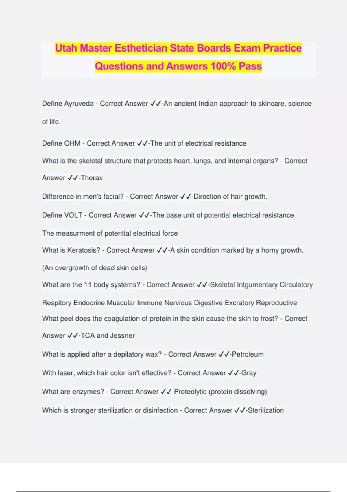 Utah Master Esthetician State Boards Exam Practice Questions and ...