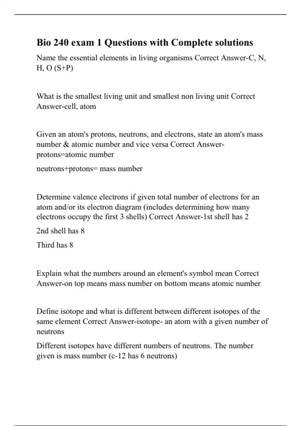 Bio 240 exam 1 Questions with Complete solutions - Biology - Stuvia US