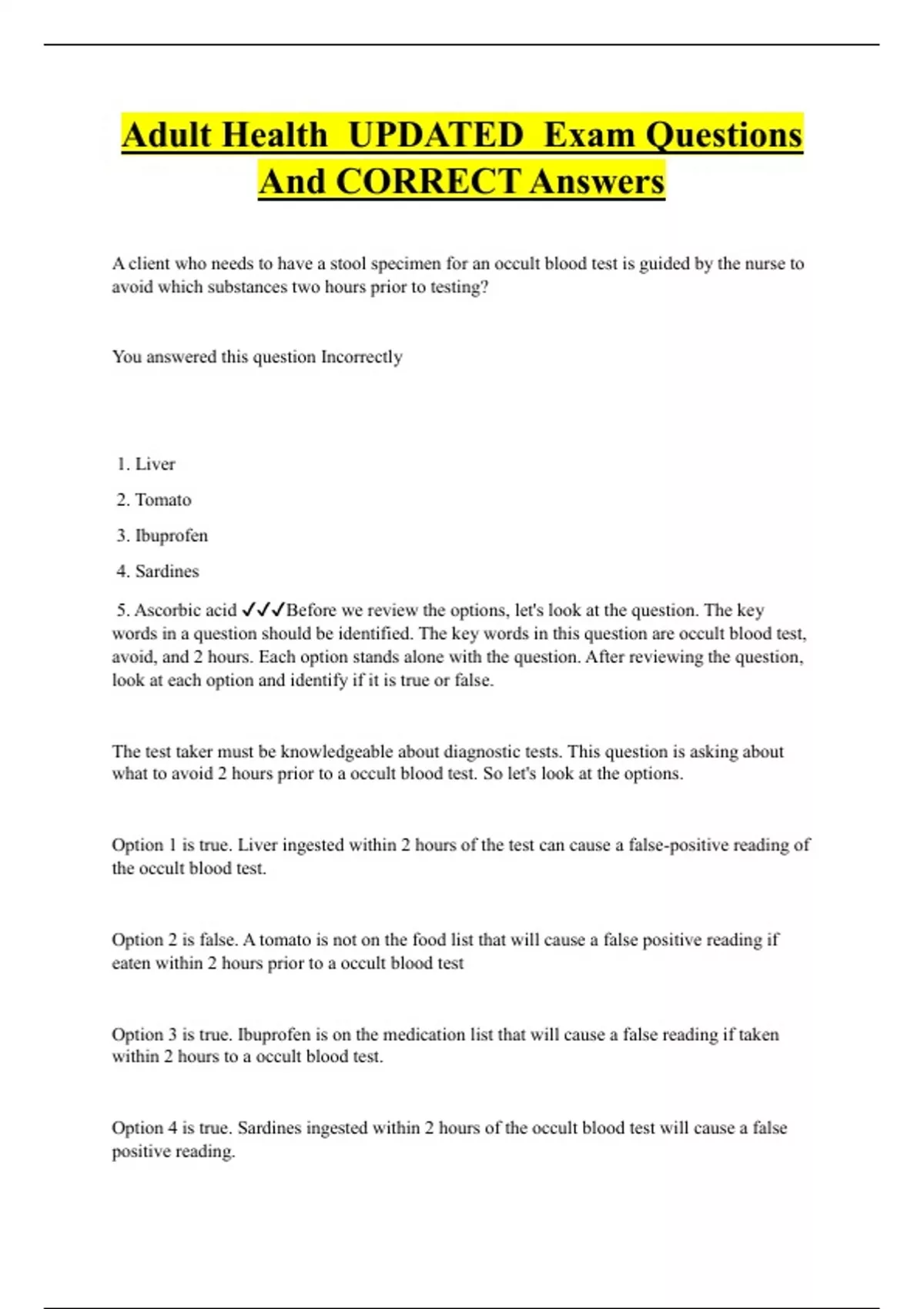 Adult Health UPDATED Exam Questions And CORRECT Answers - Adult Health ...