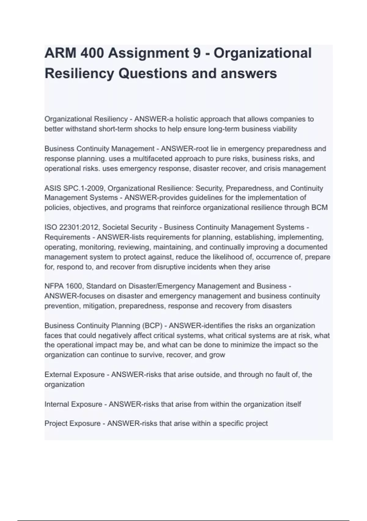 ARM 400 Assignment 9 - Organizational Resiliency Questions and answers ...