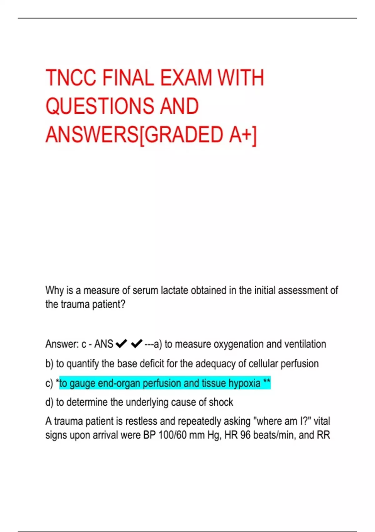 TNCC FINAL EXAM WITH QUESTIONS AND ANSWERS[GRADED A+] - Ati mental ...