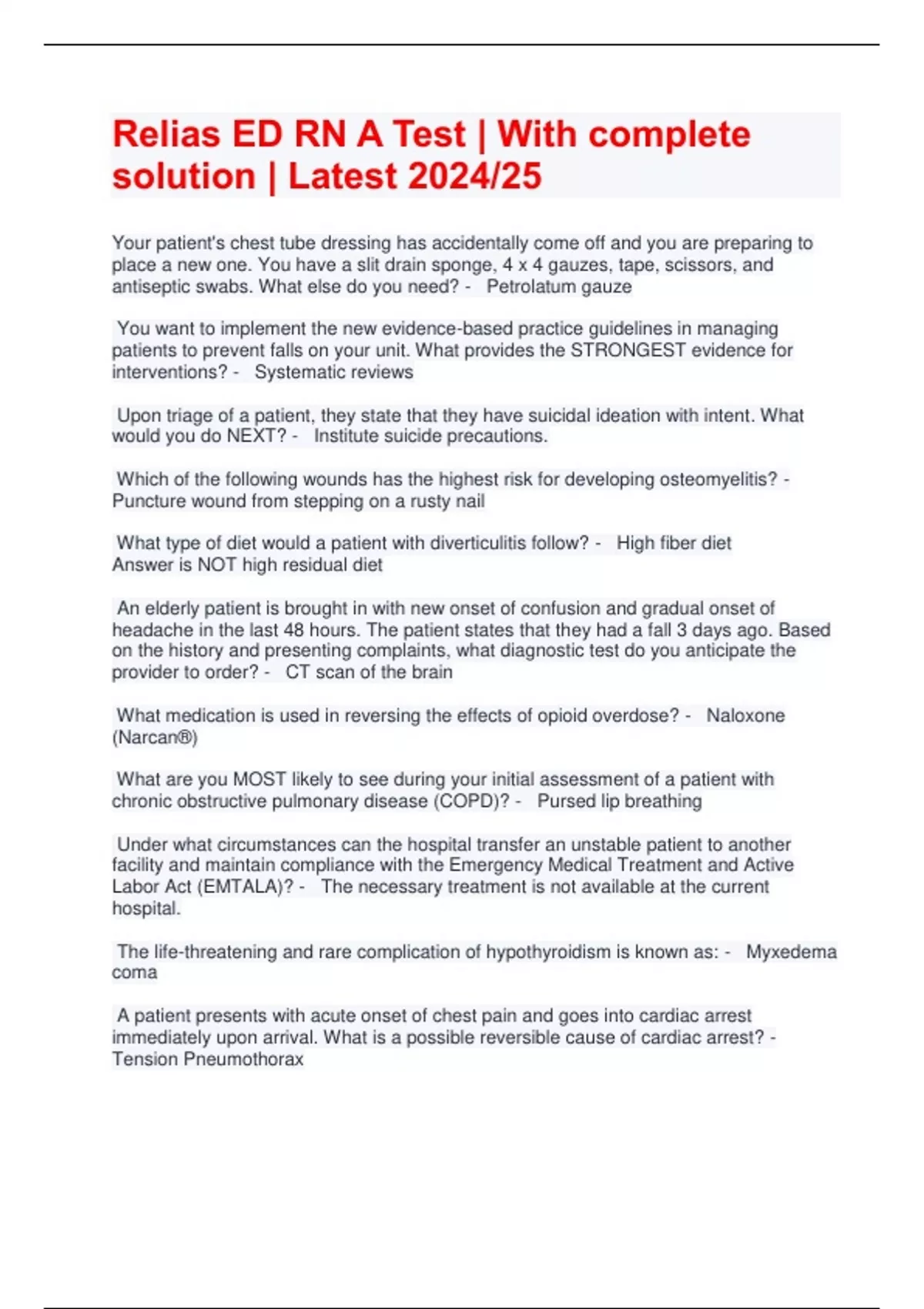 Relias ED RN A Test | With complete solution | Latest 2024/25 - Relias ...