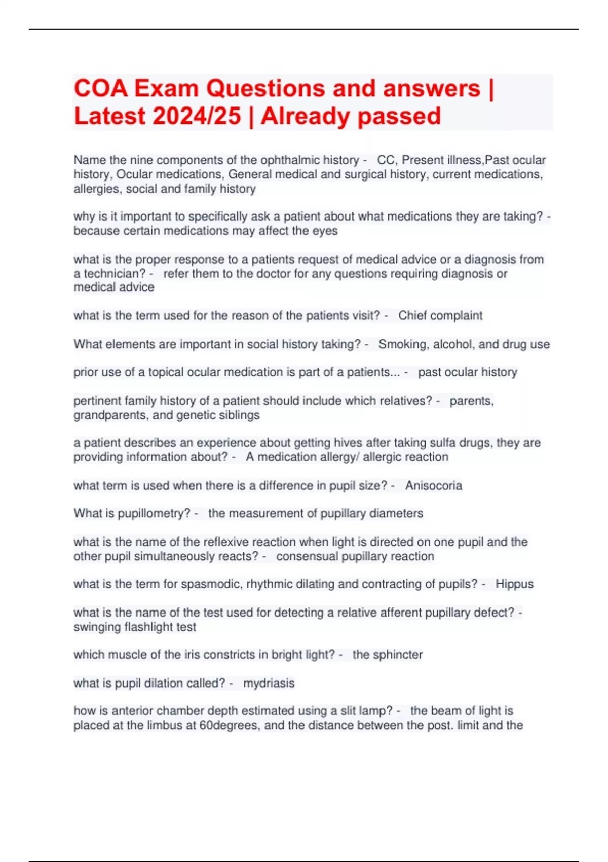 COA Exam Questions and answers | Latest 2024/25 | Already passed - COA ...