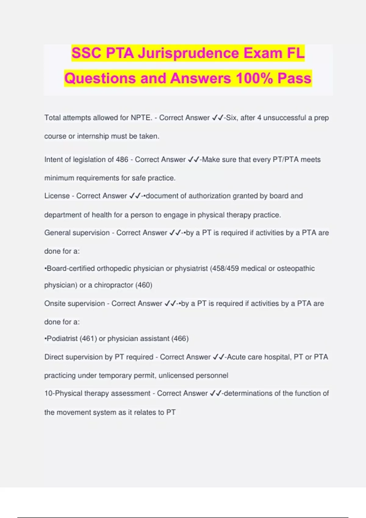 SSC PTA Jurisprudence Exam FL Questions and Answers 100% Pass - Florida PT/PTA Jurisprudence ...