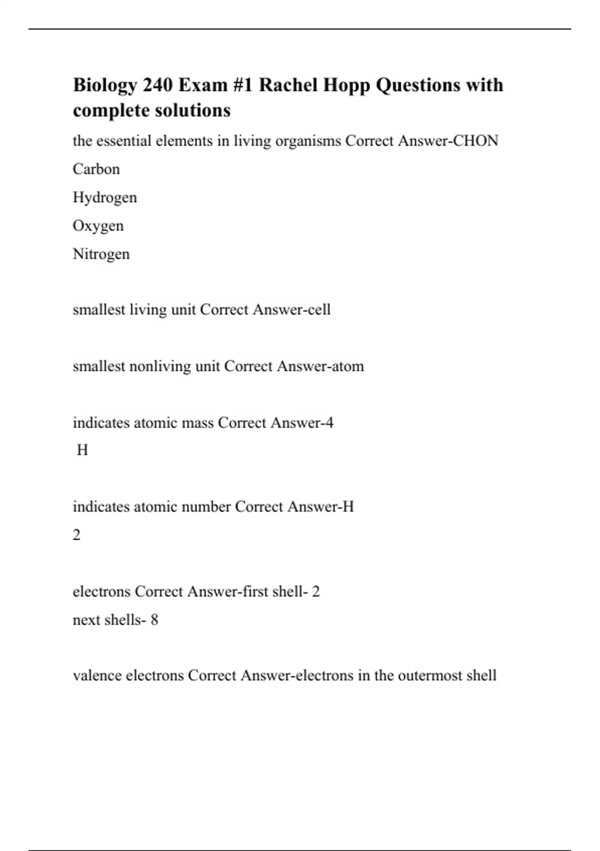 Biology 240 Exam #1 Rachel Hopp Questions with complete solutions ...