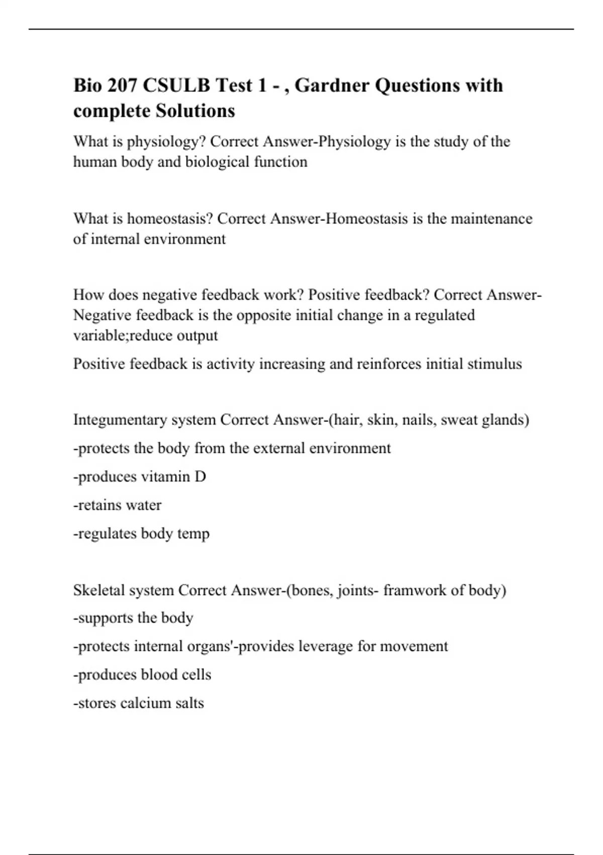 Bio 207 CSULB Test 1 - , Gardner Questions with complete Solutions ...