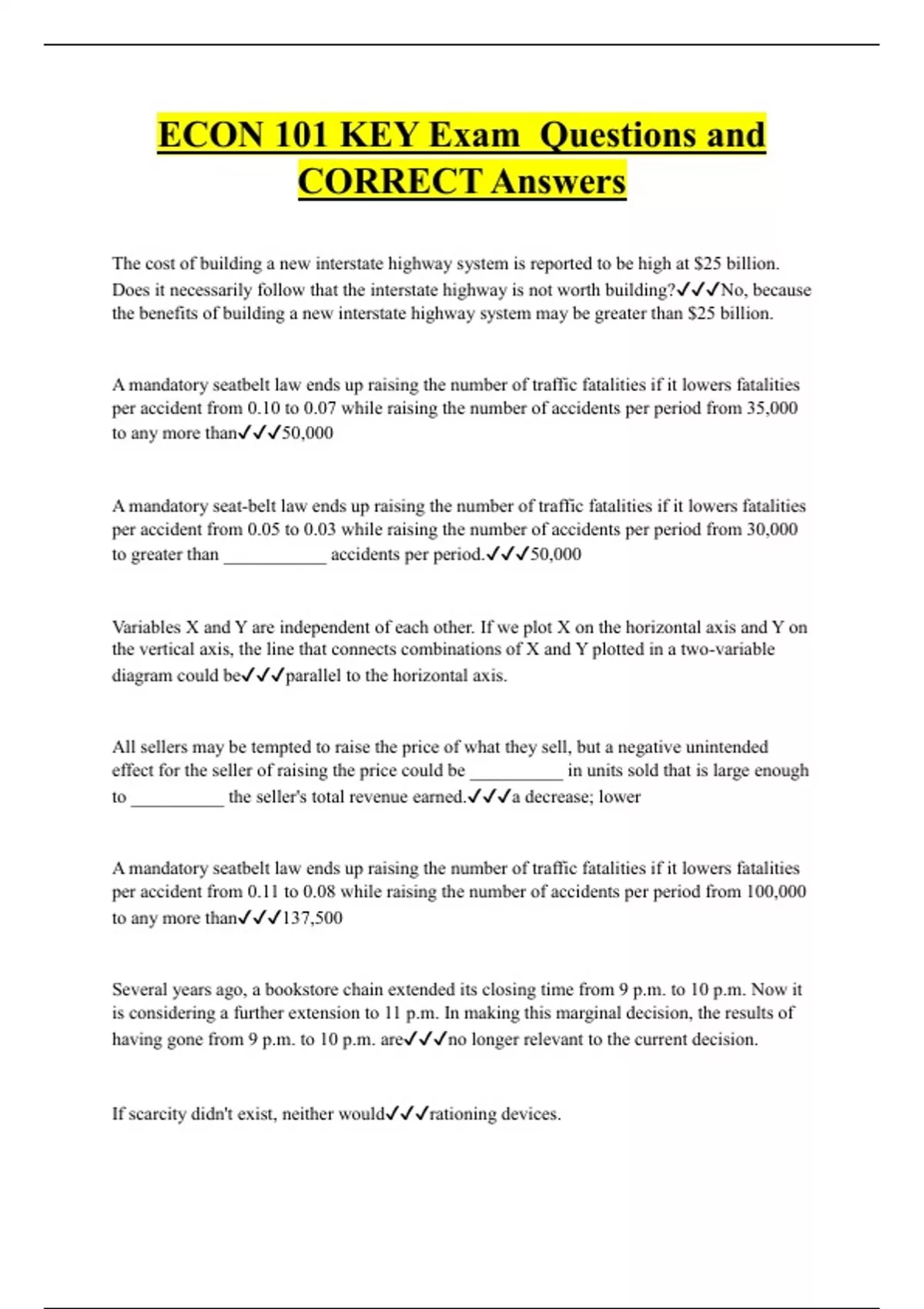 ECON 101 KEY Exam Questions and CORRECT Answers - ECON 101 - Stuvia US