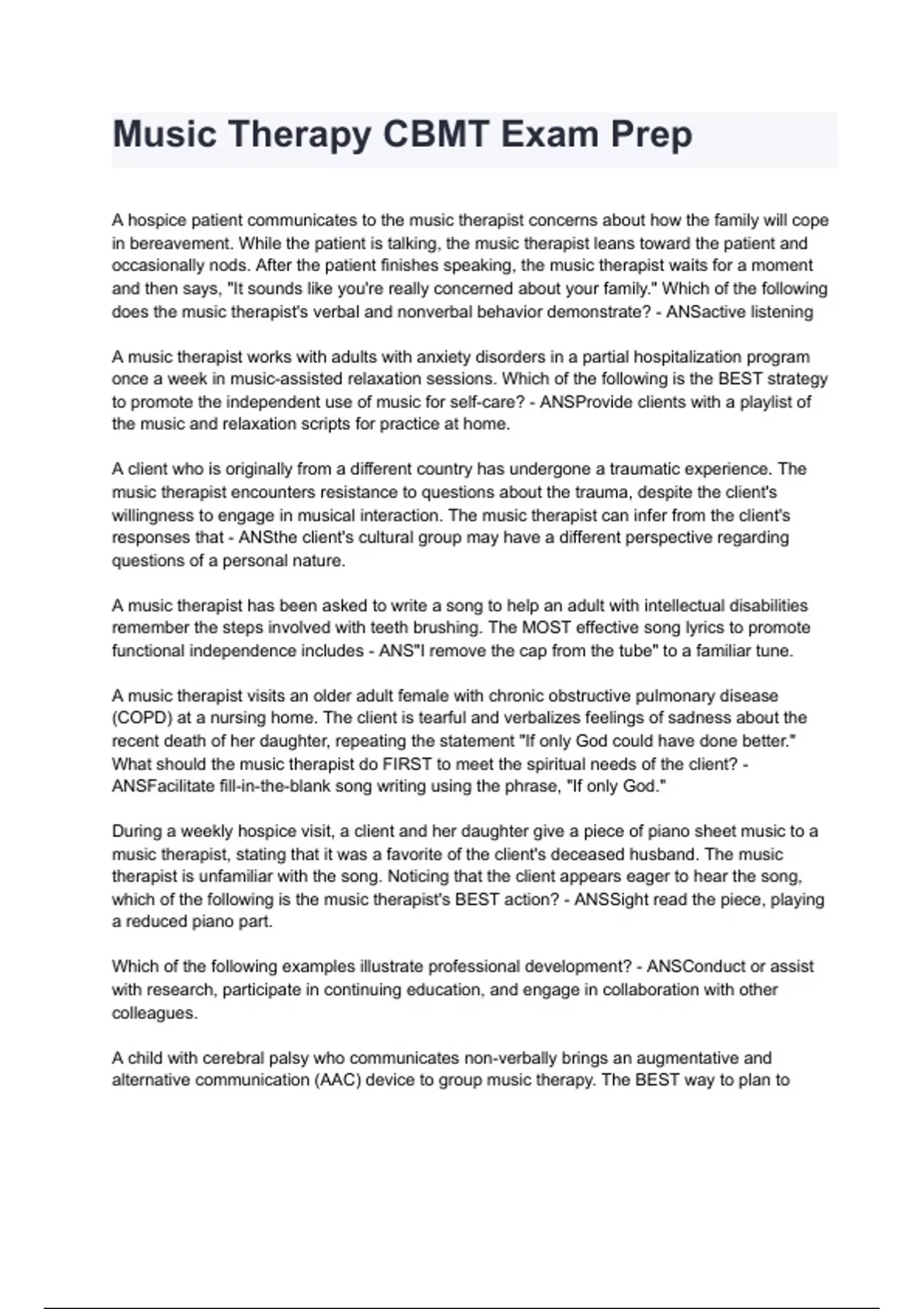 Music Therapy CBMT Exam Prep 2024/2025 graded A+ by experts - CBMT ...