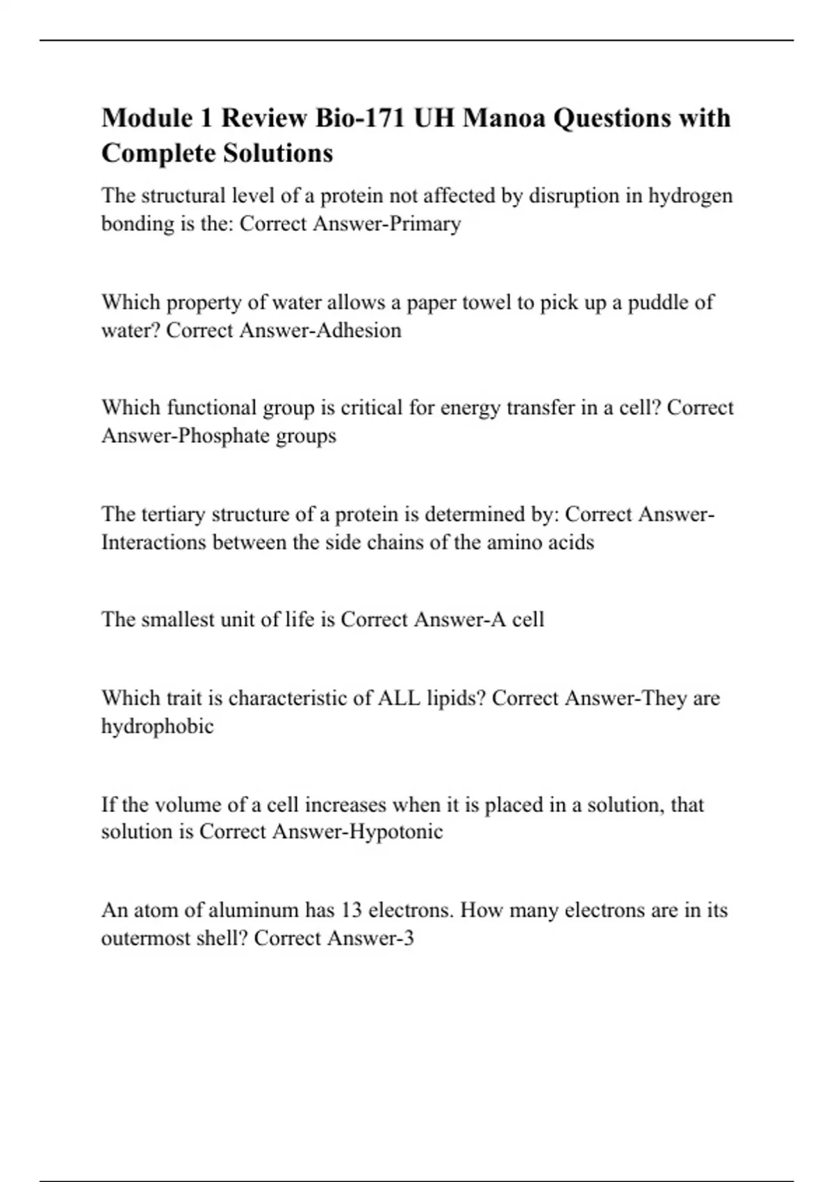 Module 1 Review Bio-171 UH Manoa Questions with Complete Solutions - Biology - Stuvia US