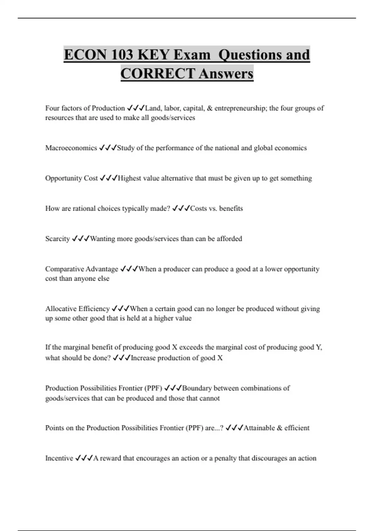 ECON 103 KEY Exam Questions and CORRECT Answers - ECON 103 - Stuvia US