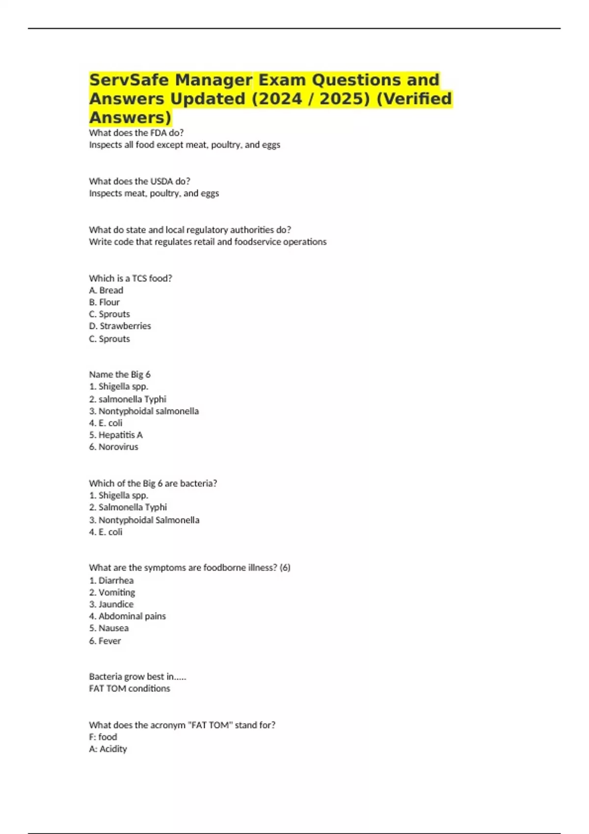 Servsafe Manager Exam Questions And Answers Updated 2024 2025 Verified Answers Servsafe