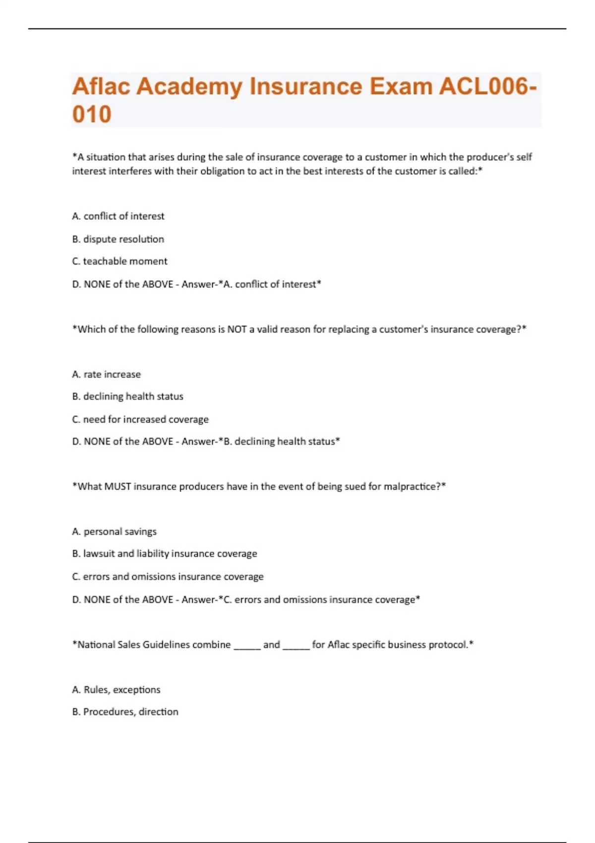 Aflac Academy Insurance Exam ACL006-010 Questions & Answers Already ...