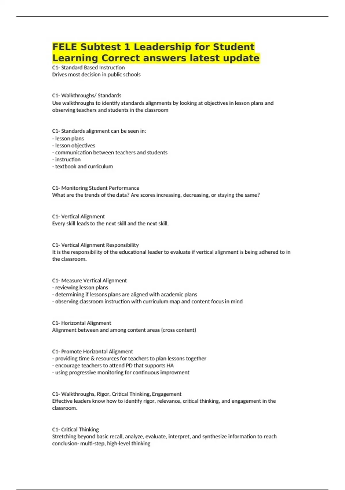 FELE Subtest 1 Leadership for Student Learning Correct answers latest ...