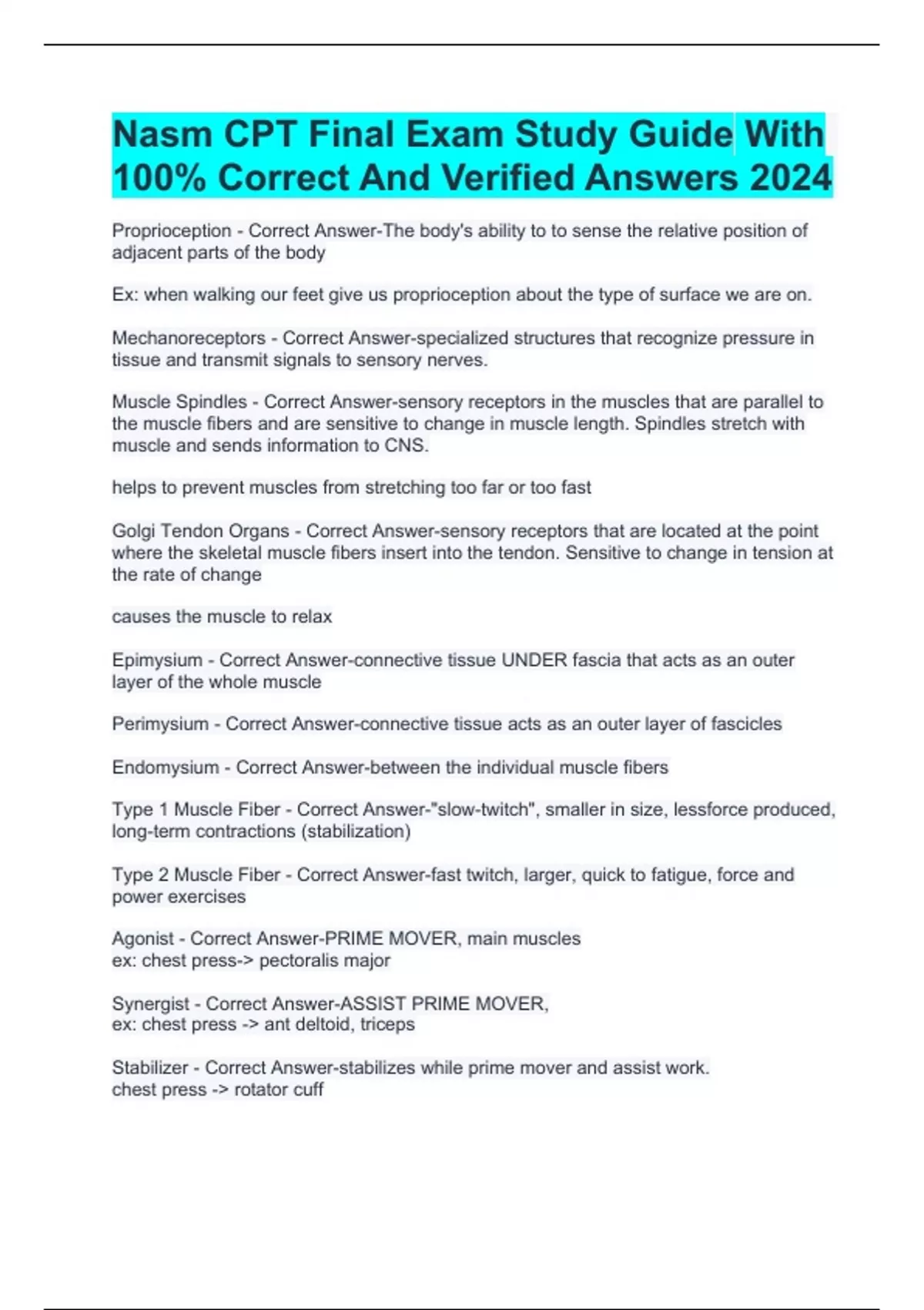 Nasm CPT Final Exam Study Guide With 100% Correct And Verified Answers 2024 - Nasm CPT - Stuvia US