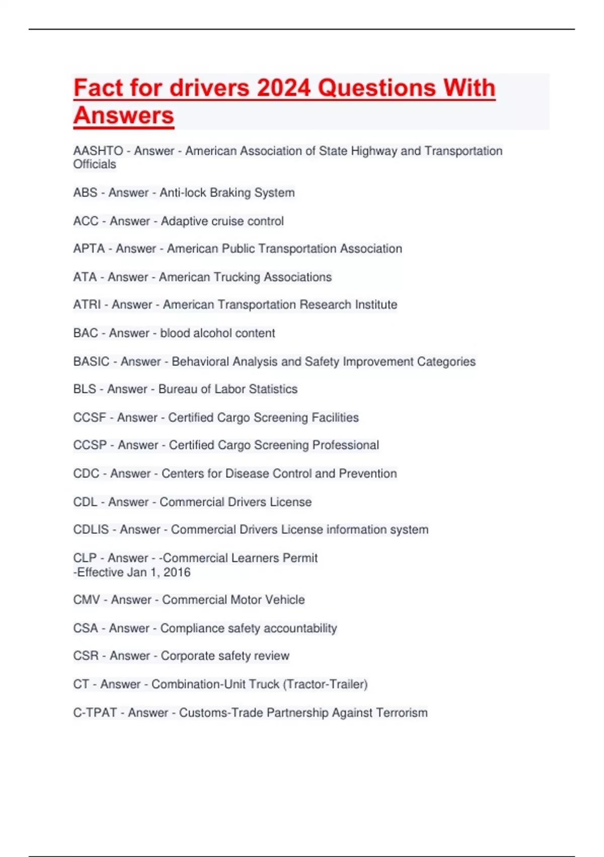Fact for drivers 2024 Questions With Answers - Fact for drivers - Stuvia US