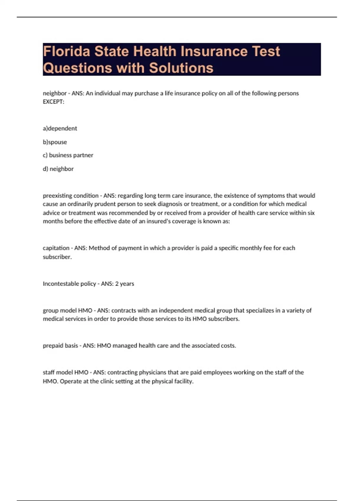 Florida State Health Insurance Test Questions with Solutions - Florida ...