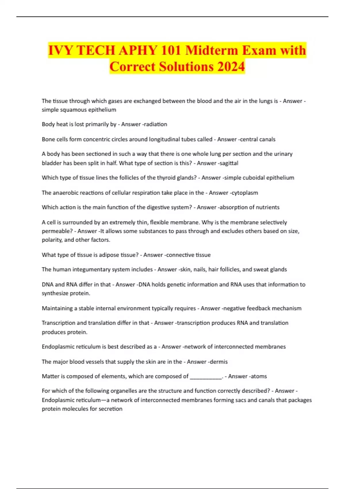 Bundled IVY TECH Anatomy and Physiology (APHY) 101 & 102 with Correct Solutions 2024 | 2025 ...