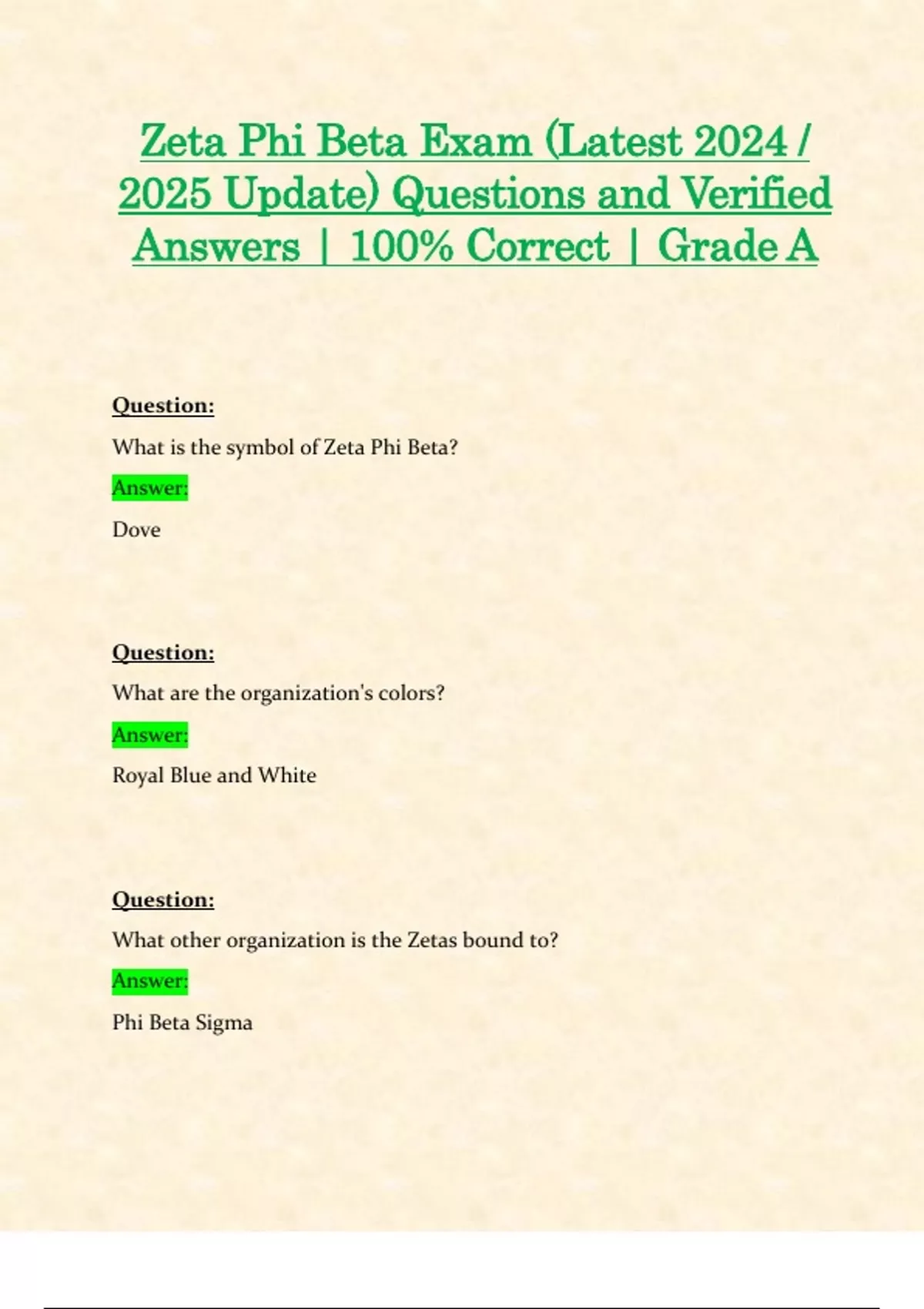 Zeta Phi Beta Exam (Latest 2024 / 2025 Update) Questions and Verified ...