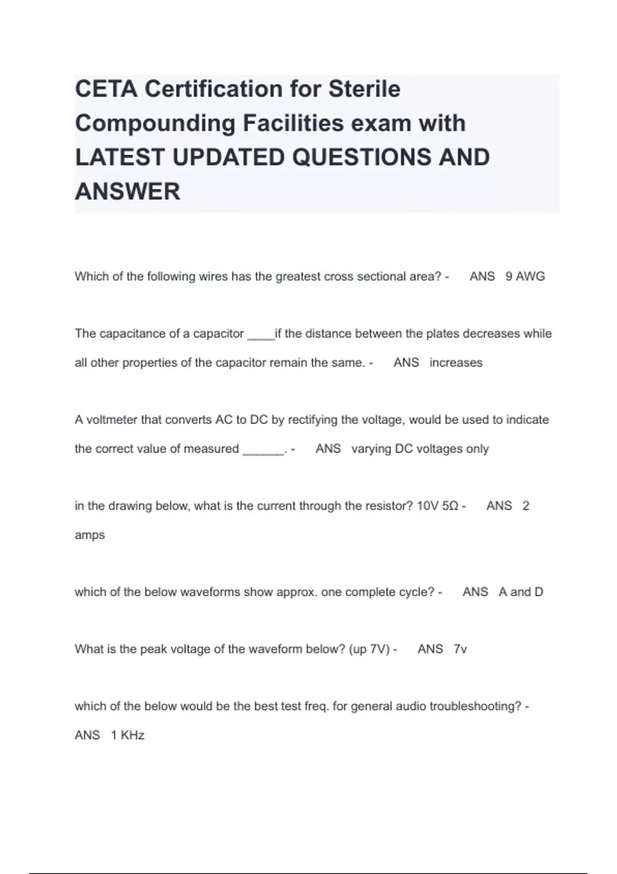 CETA Certification for Sterile Compounding Facilities exam with LATEST ...