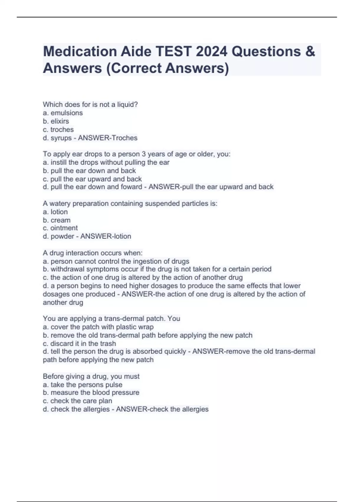 Medication Aide TEST 2024 Questions & Answers (Correct Answers ...