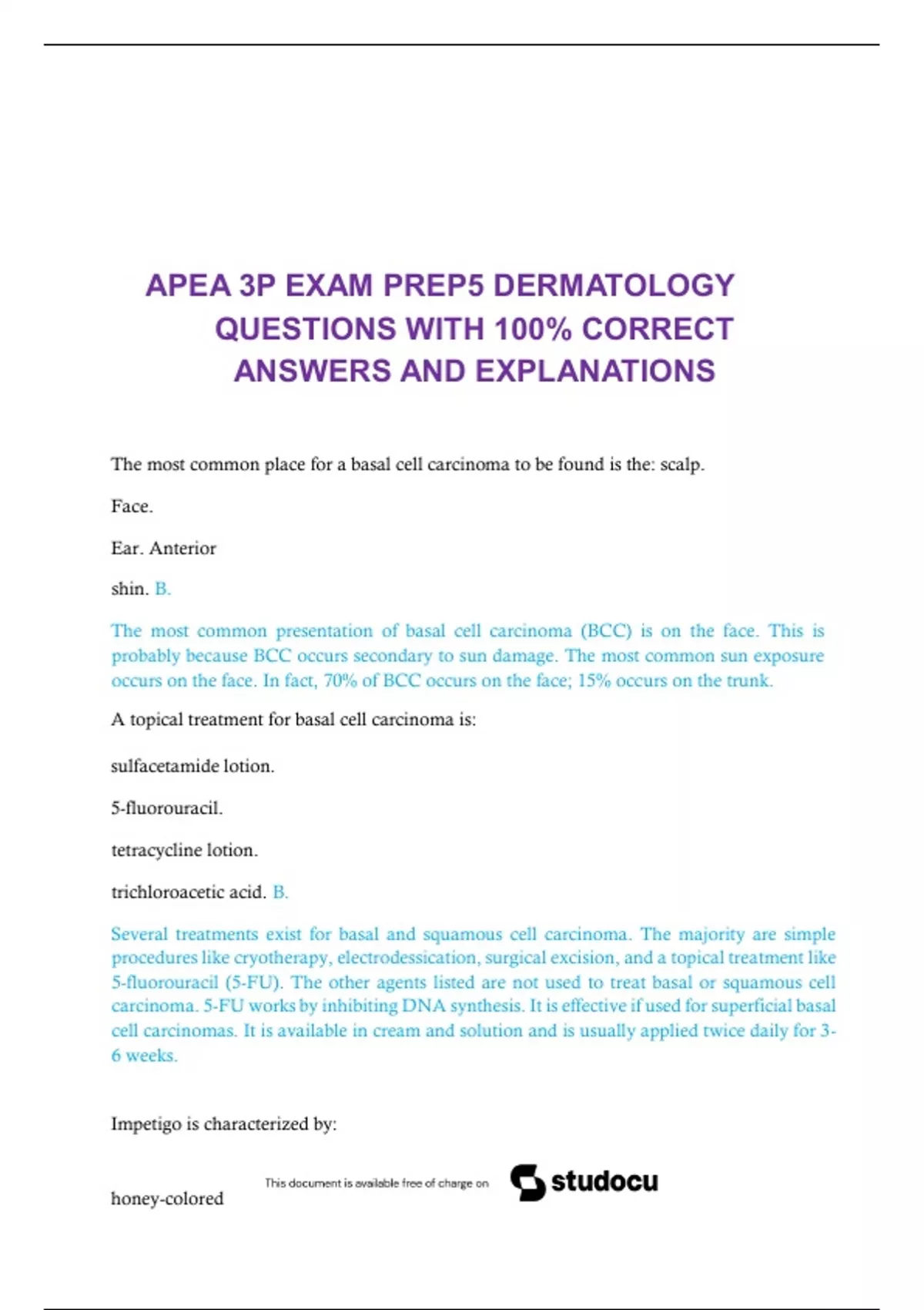 APEA 3P EXAM PREP5 DERMATOLOGY QUESTIONS WITH 100% CORRECT ANSWERS AND ...